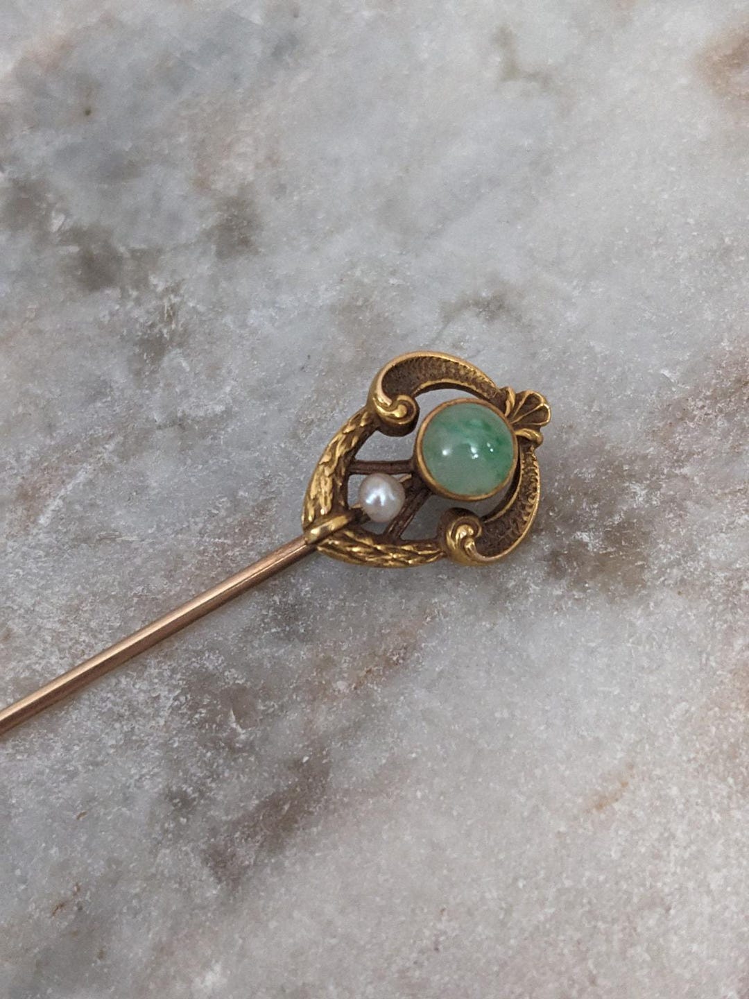 Vintage 14k Yellow Gold Stick Pin With Green Stone and Pearl - Etsy