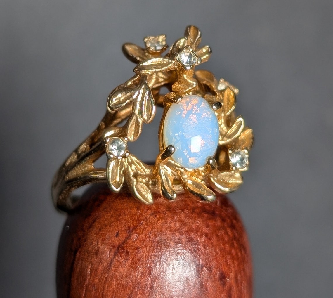 Vintage 18K HGE Gold Ring With Opalite and Crystal Accents - Size 7 - Etsy
