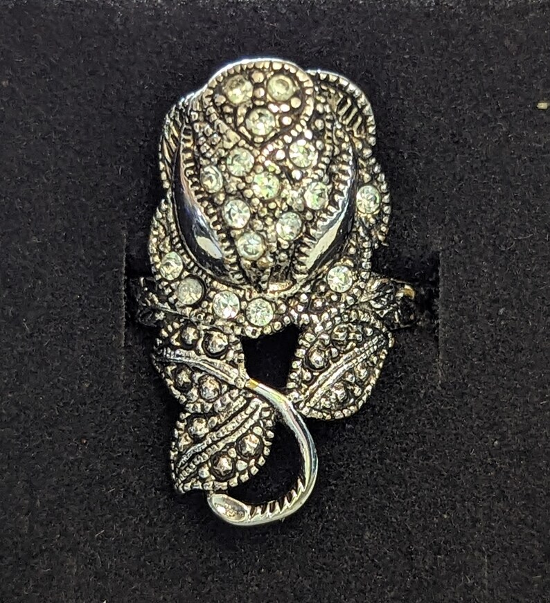 Vintage Silver Rose Ring With Rhinestones and Marcasite Accents - Etsy