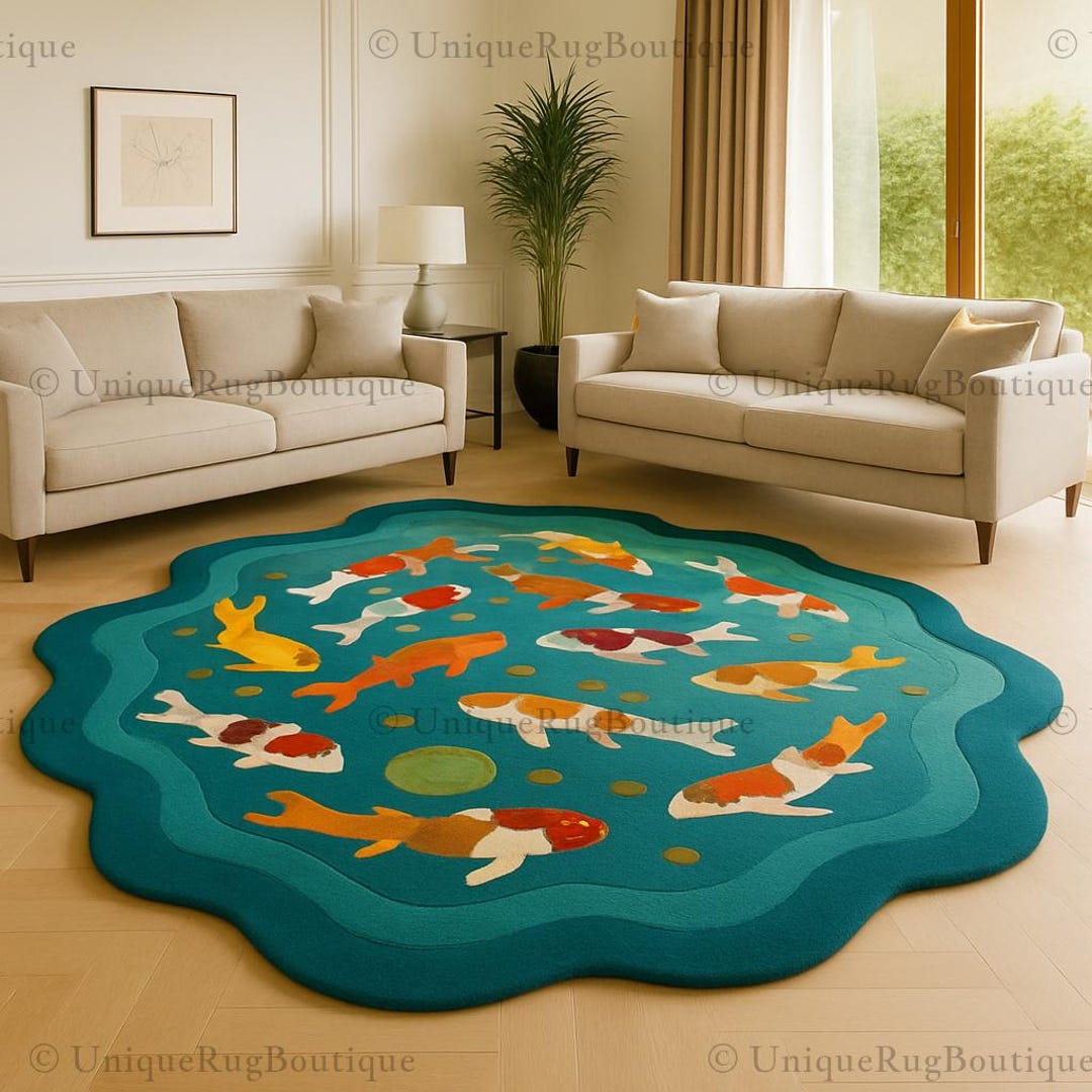 Koi Fish Pond Rug – Unique Scalloped Aquatic Area Rug, Colorful Carp ...