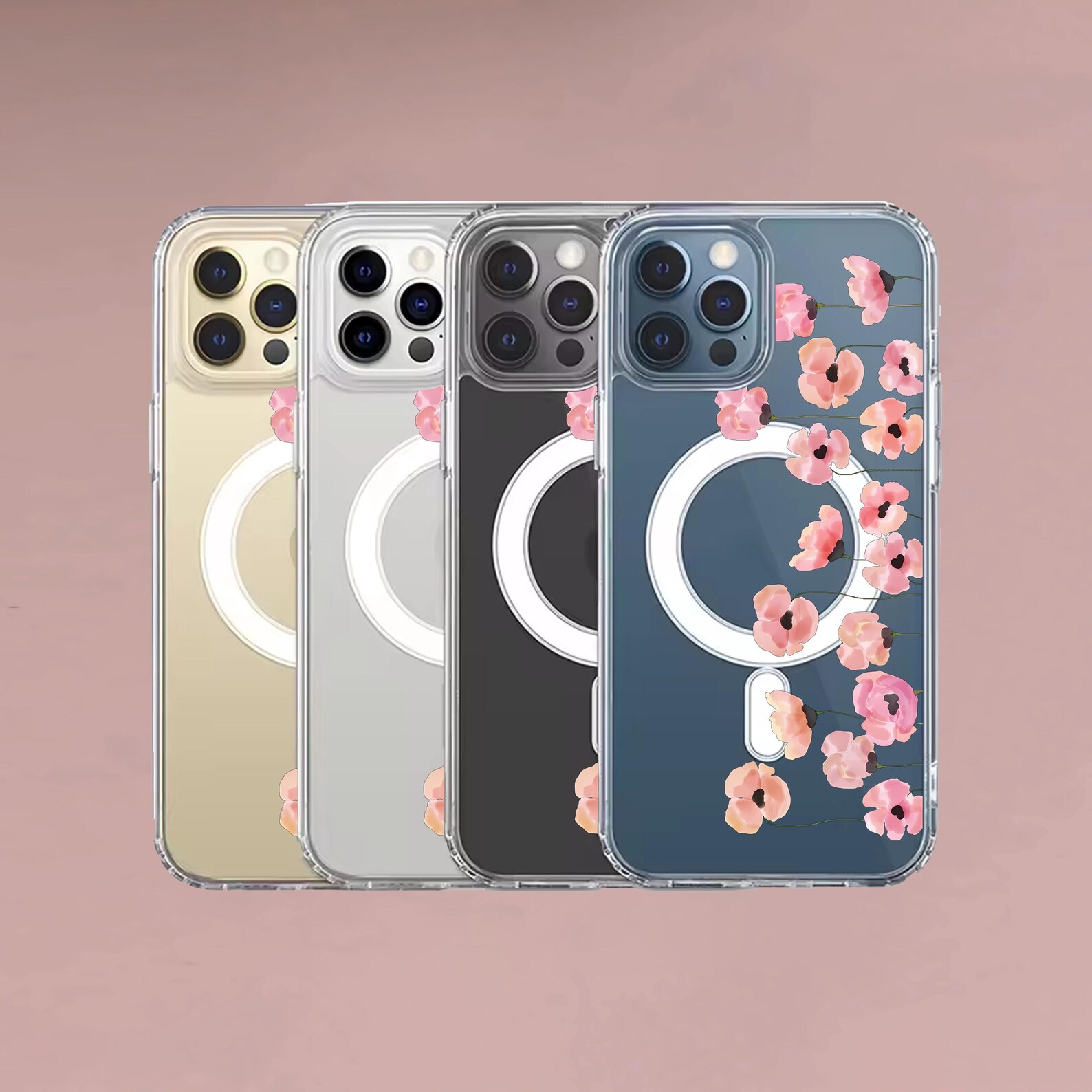 Hesoyam Pink Flowers Ultrasafe Magsafe Clear Shockproof Case for iPhone ...