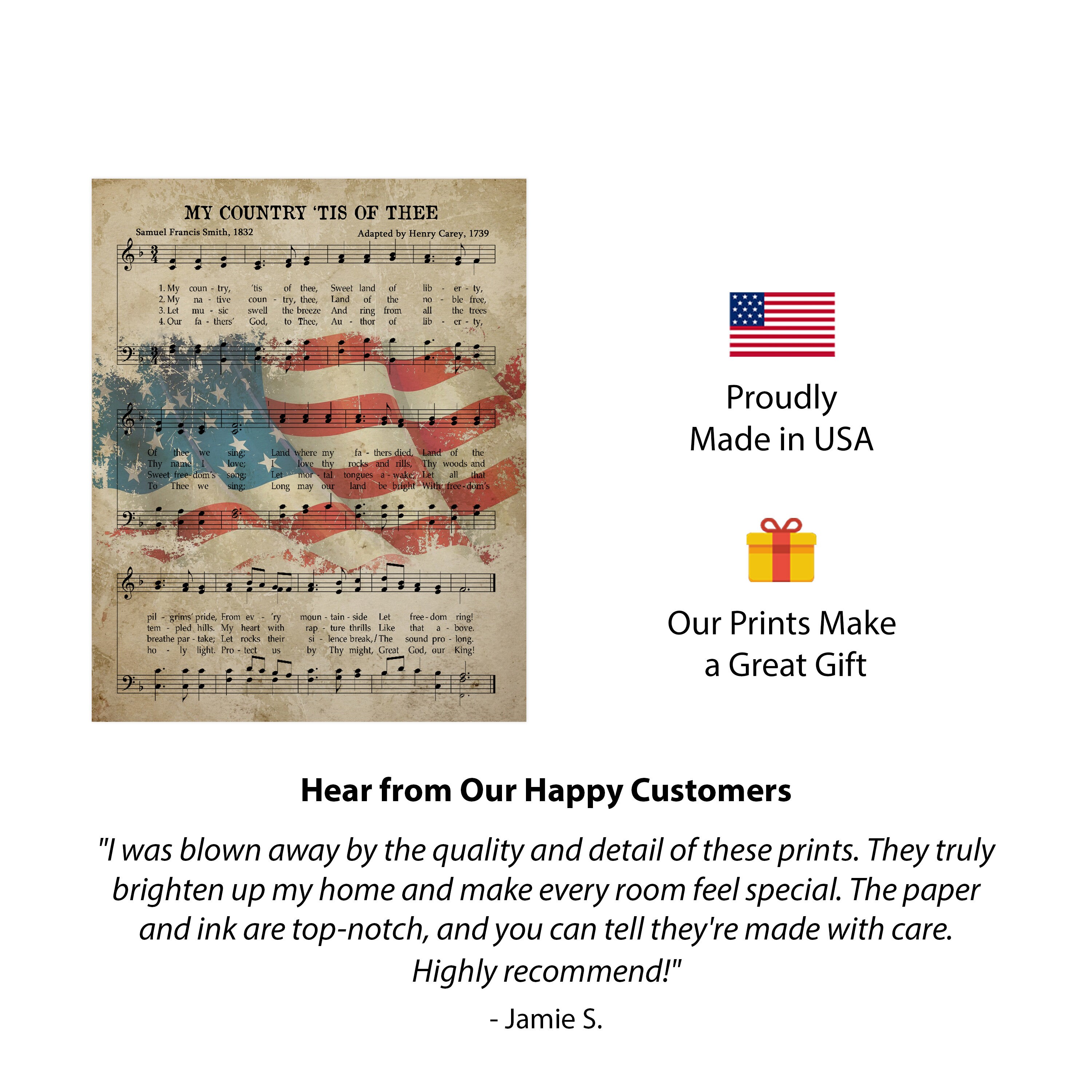 My Country 'tis of Thee Wall Art Gift, Patriotic Song Print, American ...