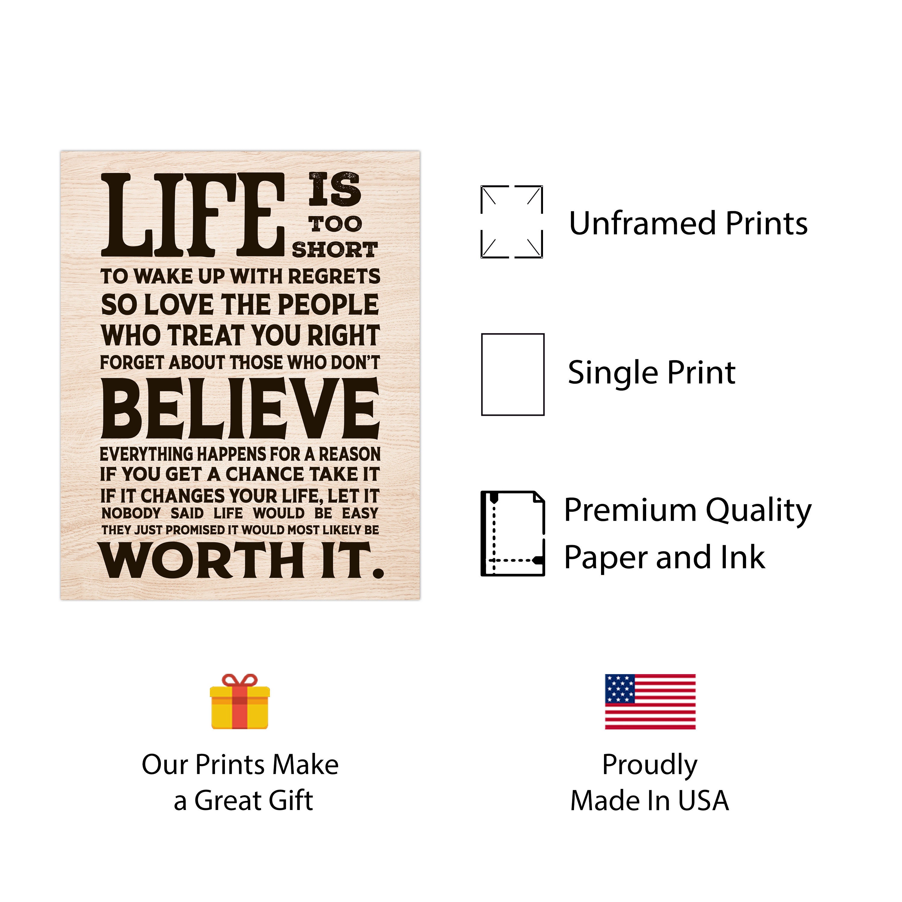 Life is Too Short Wall Art, Inspirational Quote Gift, Motivational ...