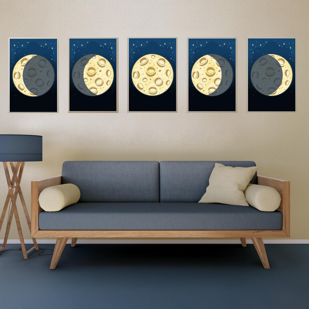Moon Phase 5-piece Poster Set - 11x17'' Lunar Cycle Wall Art Astronomy ...