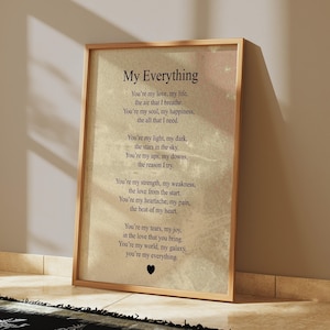 My Everything Love Poem Wall Art Romantic Anniversary Gift Vintage
