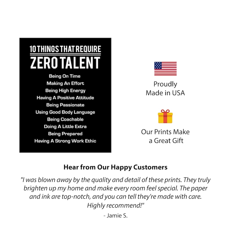 10 Things That Require Zero Talent Print, Motivational Office Wall Art, Work Ethic Poster ...