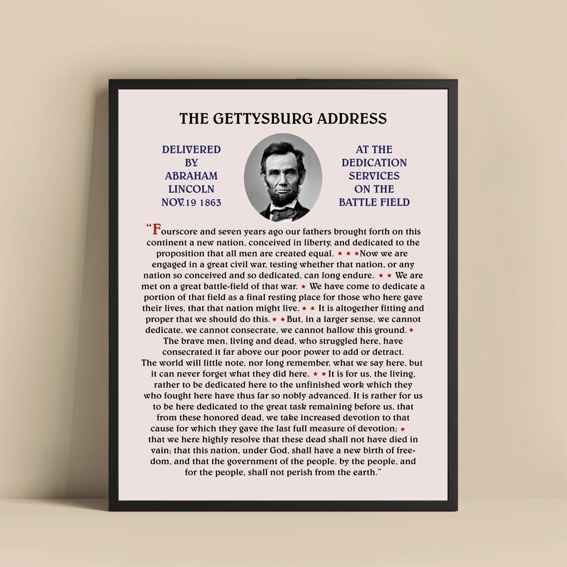 Gettysburg Address Wall Art Gift, Abraham Lincoln Speech Print ...