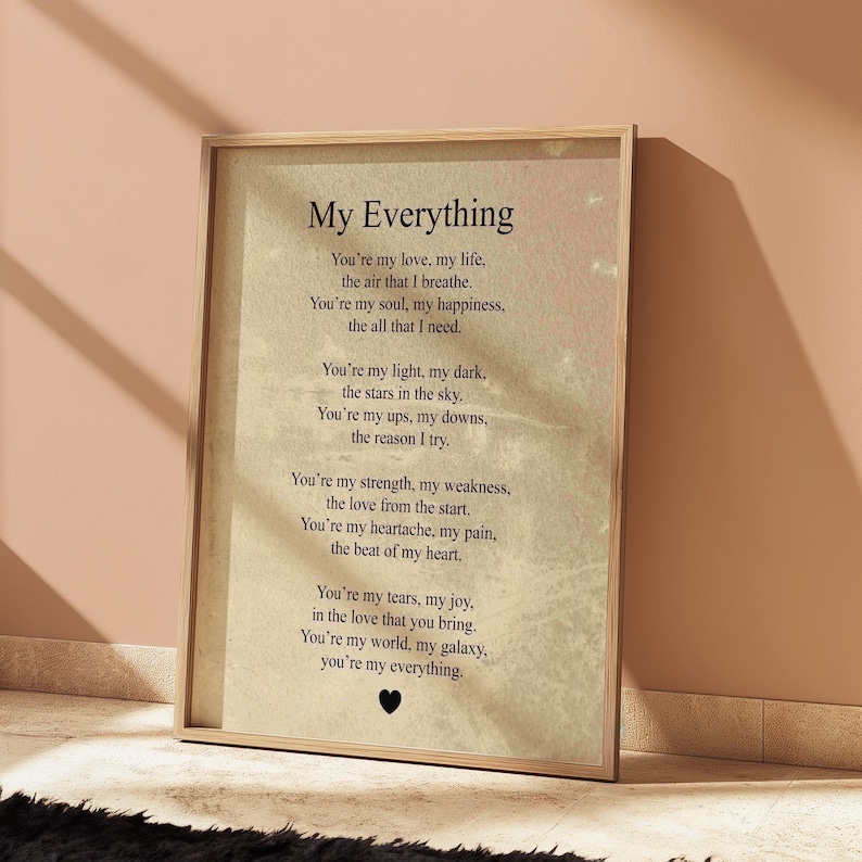 My Everything Love Poem Wall Art Romantic Anniversary Gift Vintage