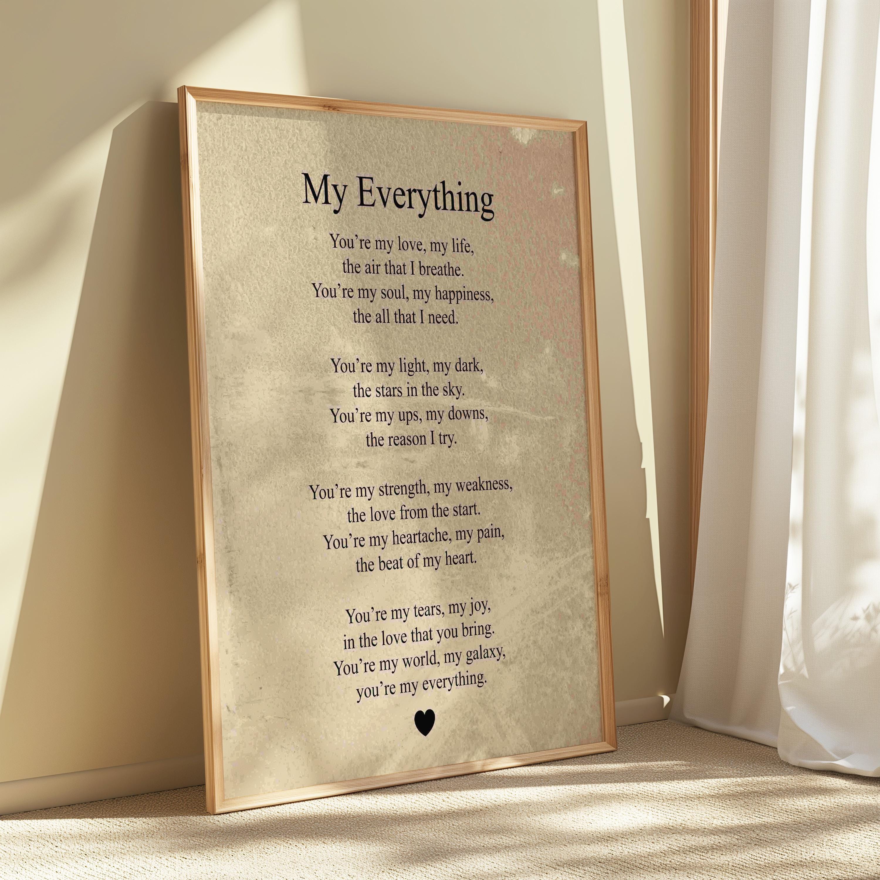 My Everything Love Poem Wall Art Romantic Anniversary Gift Vintage