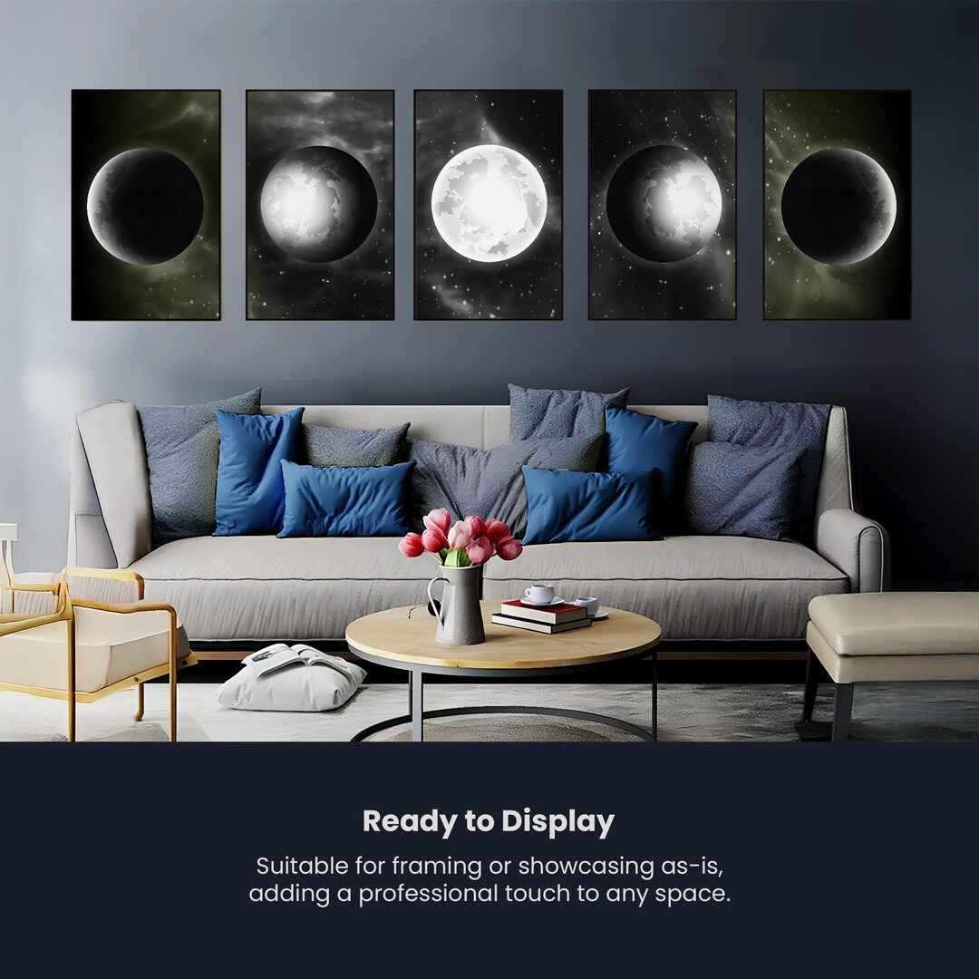Moon Phases Decor - Cosmic Monochrome 5-piece Wall Art Set 11x17 ...