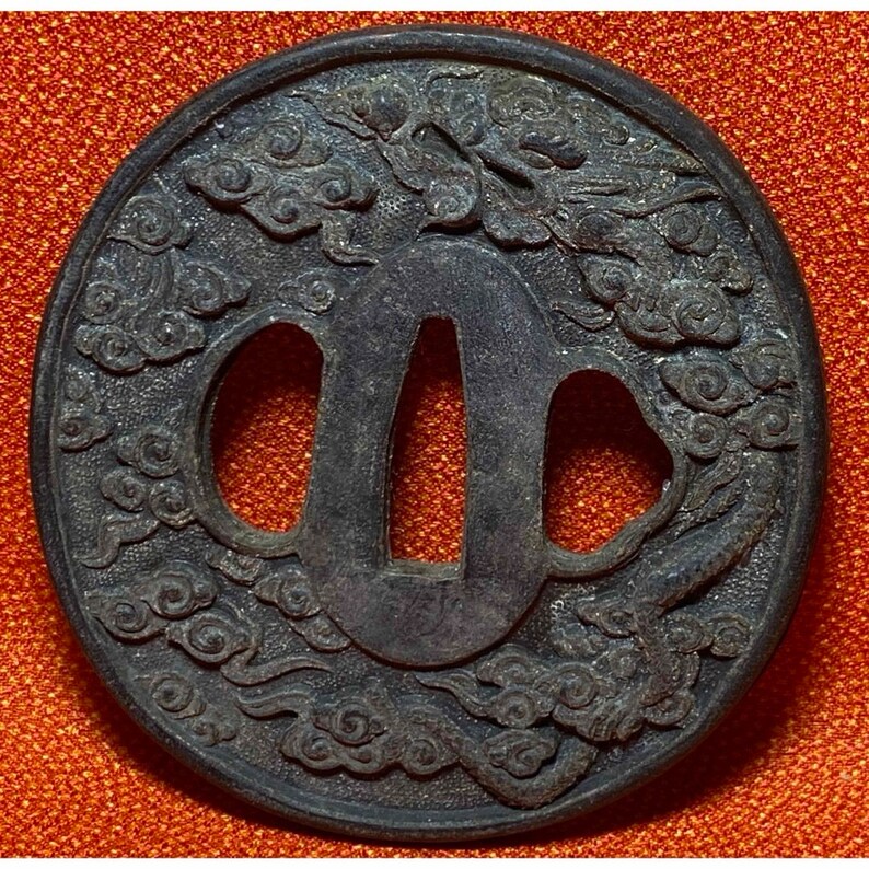Vintage Samurai Sword Guard Tsuba With Dragon and Cloud Motif, Japanese ...