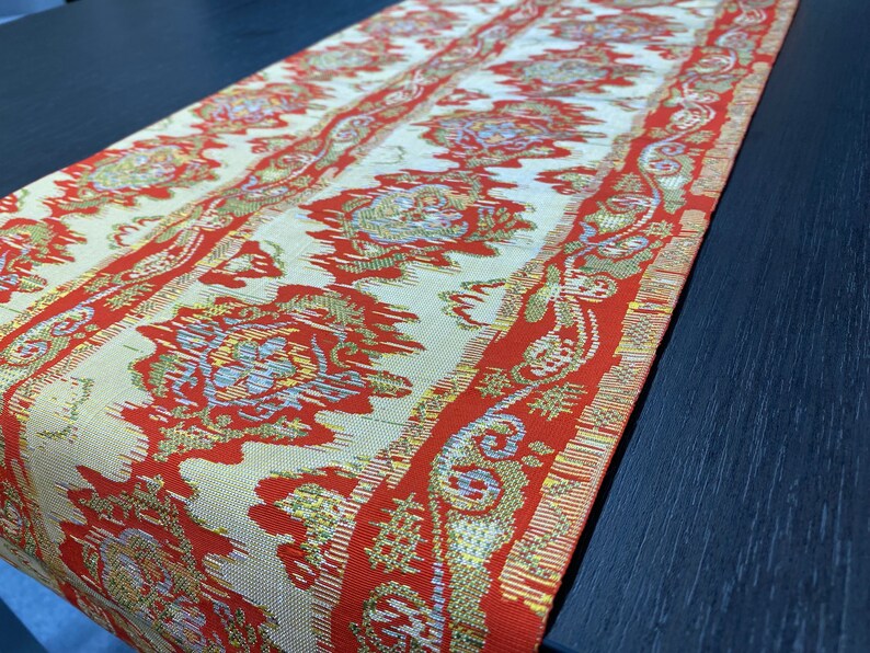 Red & Gold Pure Silk Obi Fabric Table Runner, Tablecloth Made of Vintage Silk Brocade Japanese ...