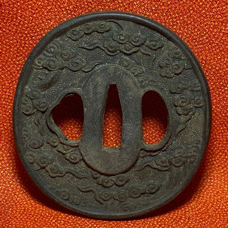 Vintage Samurai Sword Guard Tsuba With Dragon and Cloud Motif, Japanese ...
