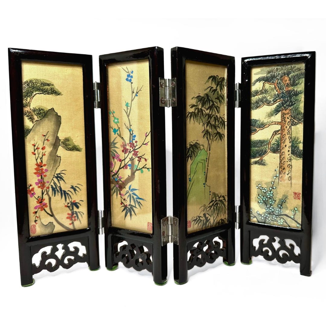 4 Panel Asian Folding Screen Hand Painted Wood Tabletop Great Condition ...