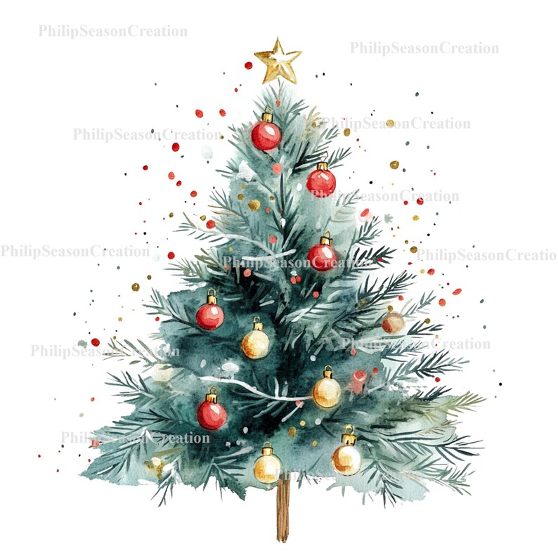 10 Watercolor Christmas Tree Clipart Bundle, Xmas Tree PNG Set, Holiday ...