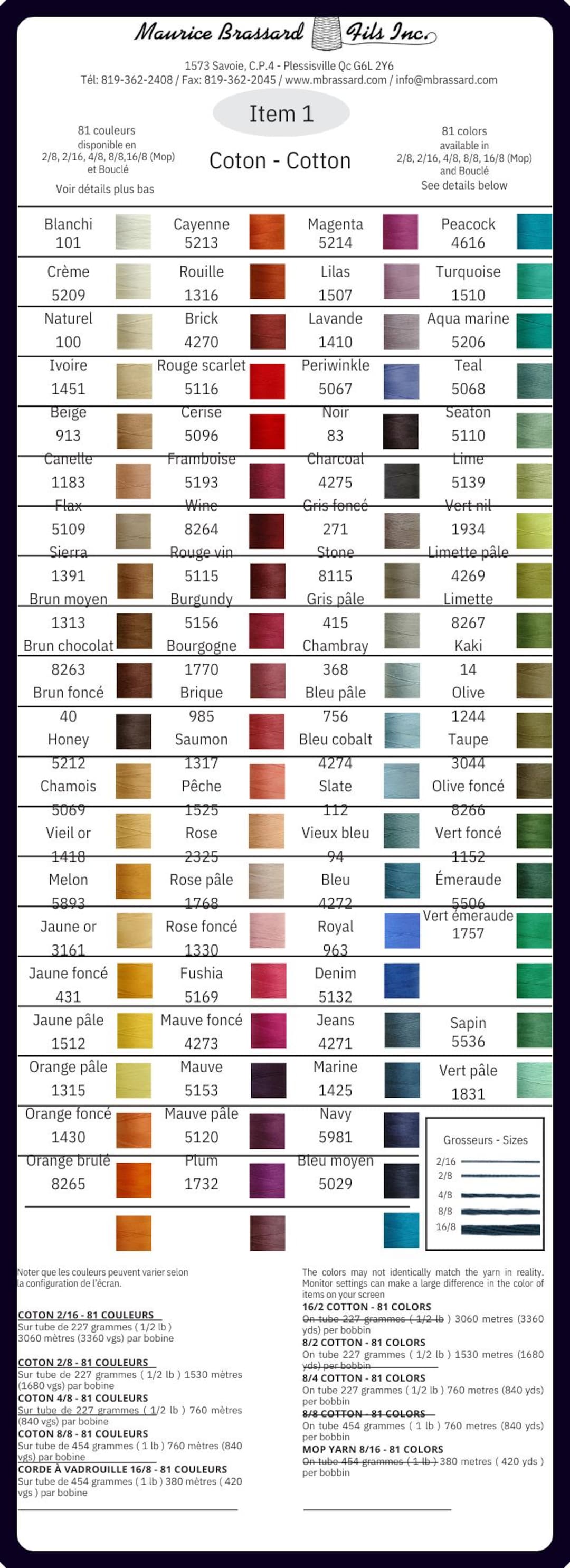 Maurice Brassard - Cotton Color Card - Includes All Colors and Cotton ...