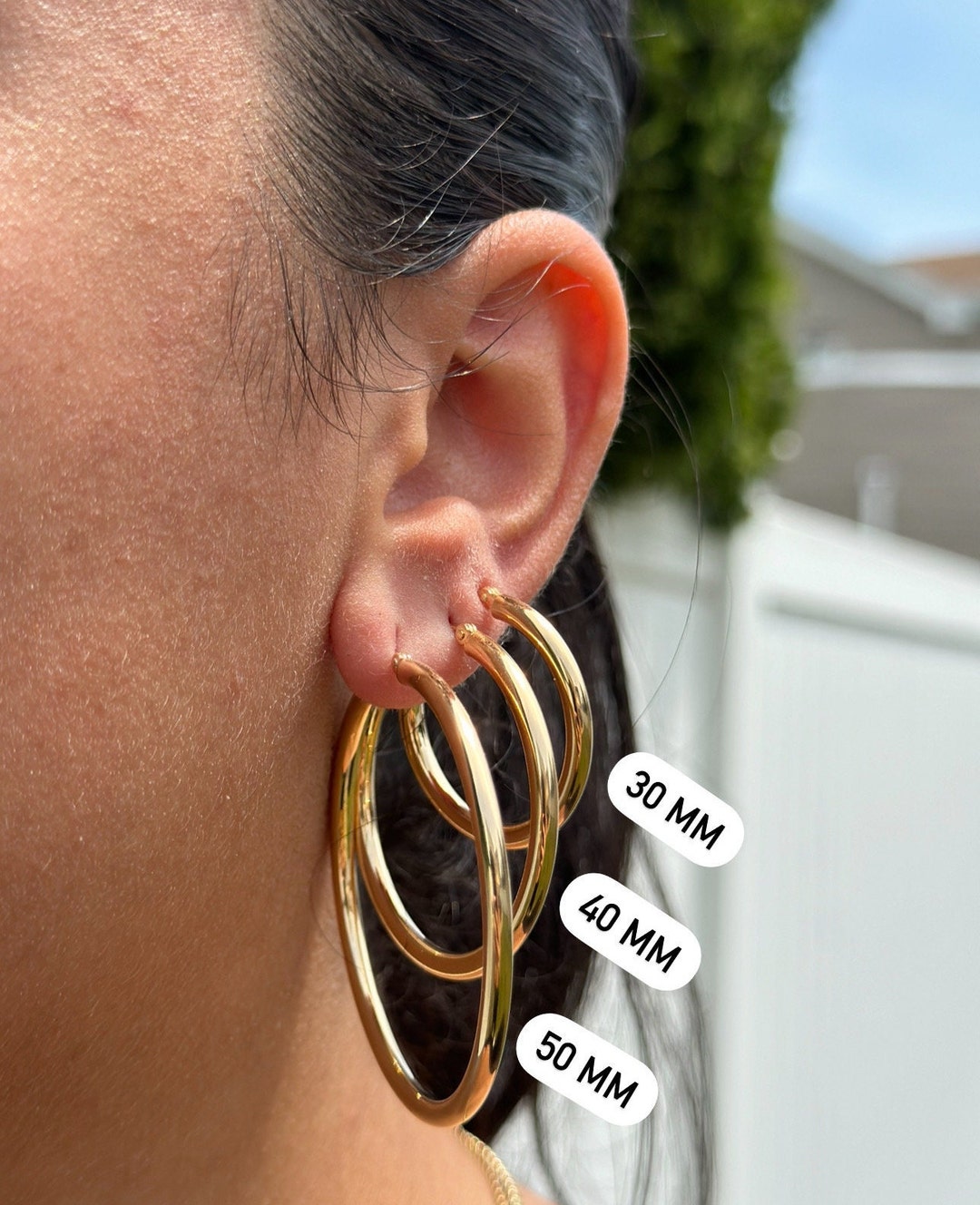 14K Solid Gold Hoop Earrings, Sizes 15mm 20mm 25mm 30mm 40mm 45mm 50mm ...