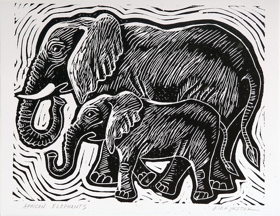 African Elephants Linocut Print - Etsy