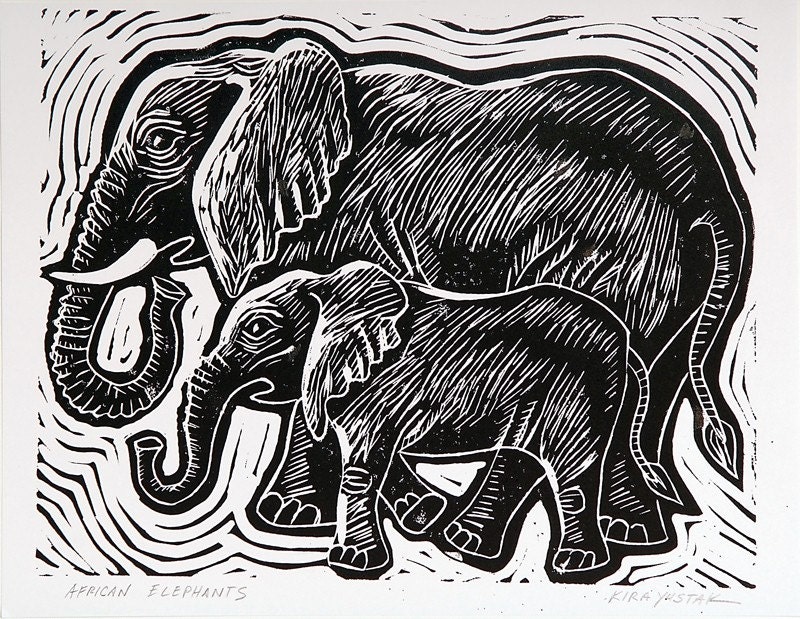 African Elephants - Linocut Print - Etsy
