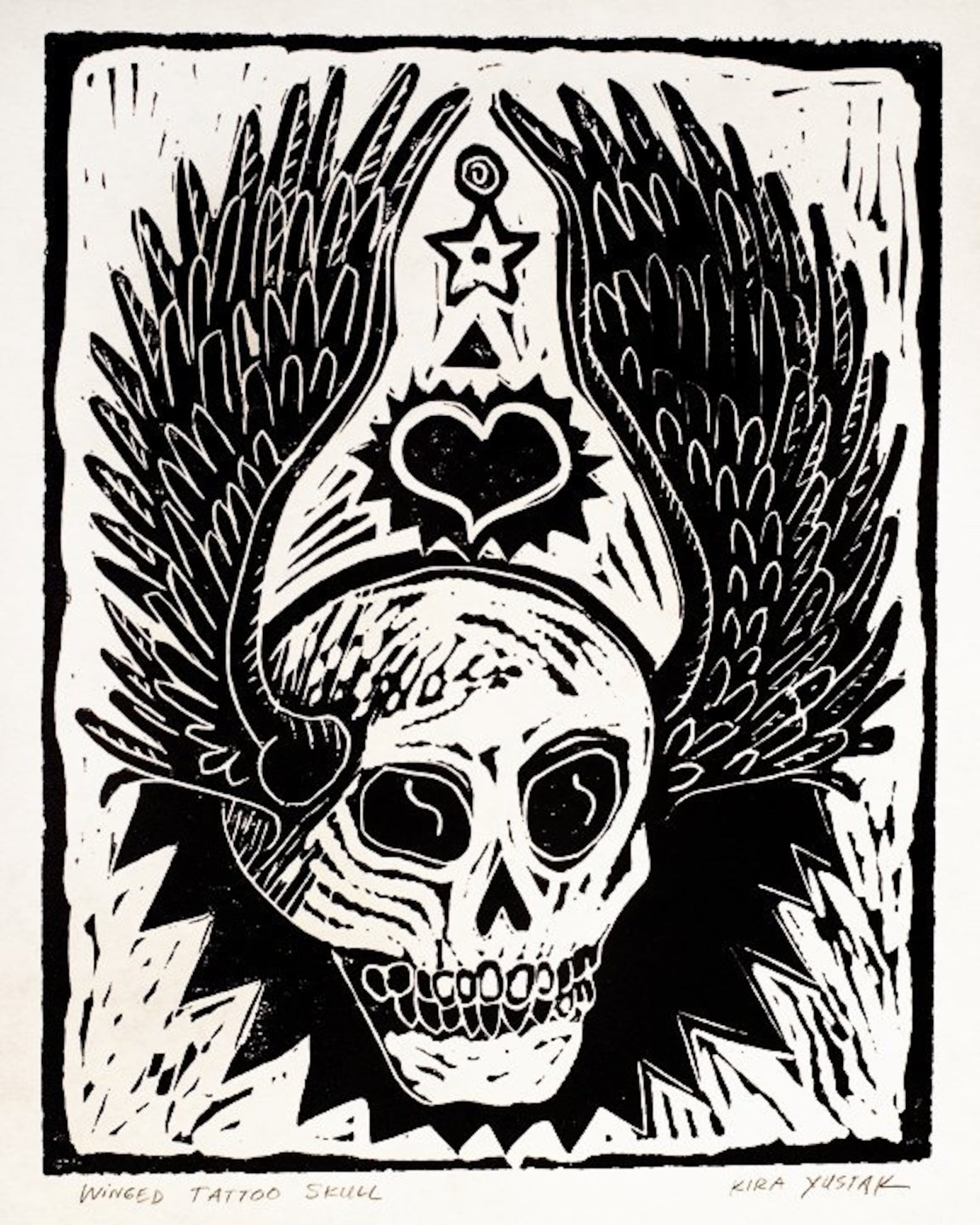 Winged Tattoo Skull - Linocut Print - Etsy