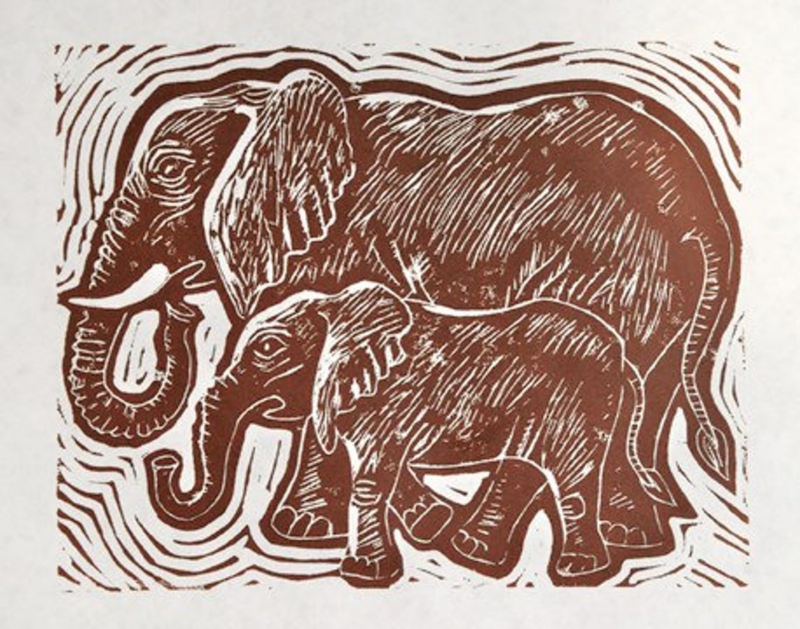African Elephants - Linocut Print - Etsy