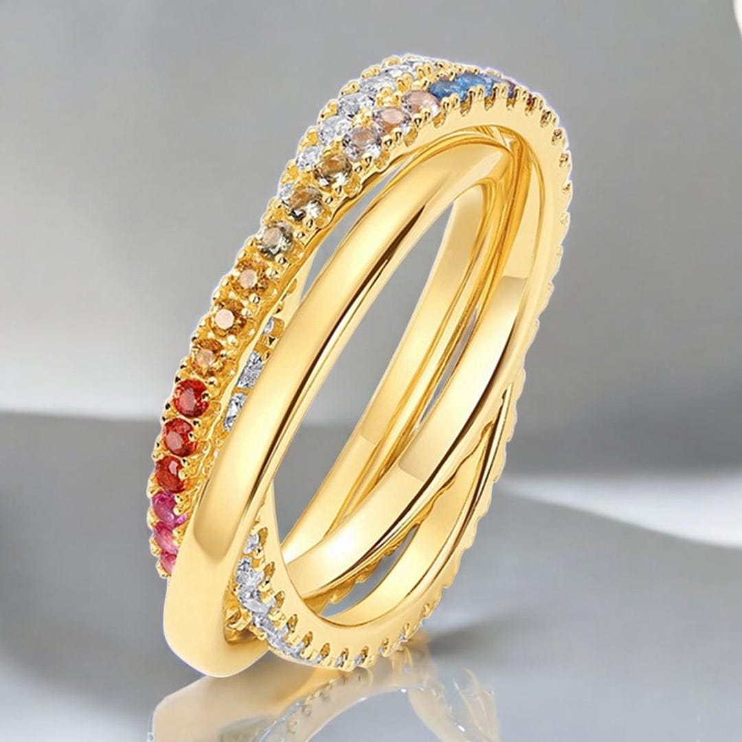 Multi Link Connected Rings, Chunky Gold Connector Ring, Pink Zirconia ...
