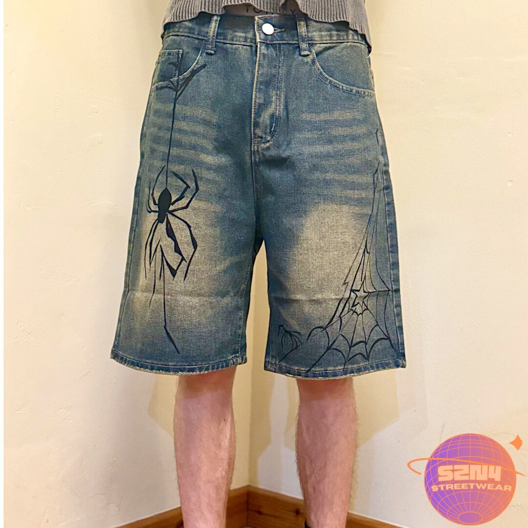 Unisex Distressed Denim Spider Graphic Print Jorts Y2k Clothing, Y2k ...