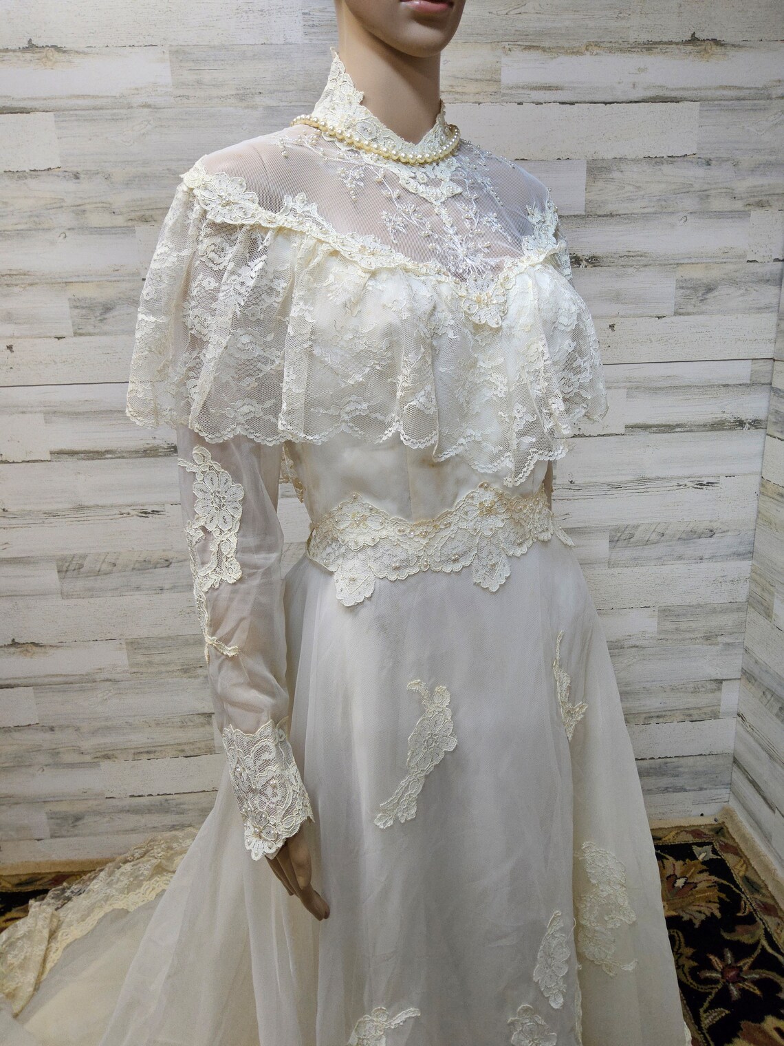 Vintage 70's Edwardian High Collar and Caped Shoulder Ivory Laced ...