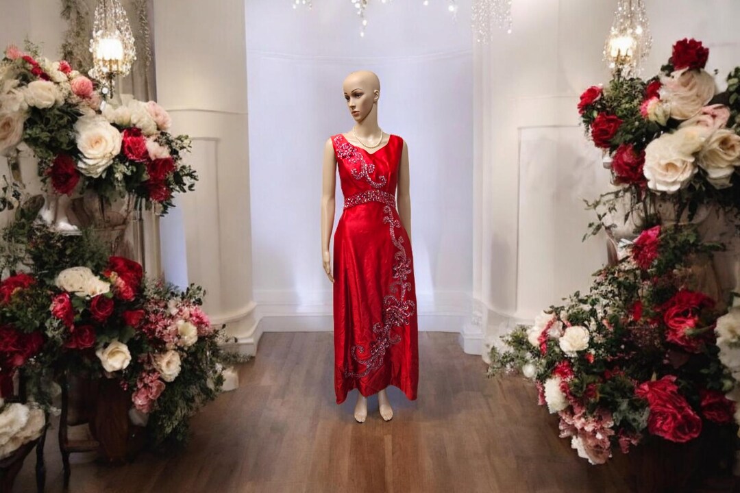 Vintage Sequin Formal Dress: Mike Benet Original, Crimson Red Taffeta ...