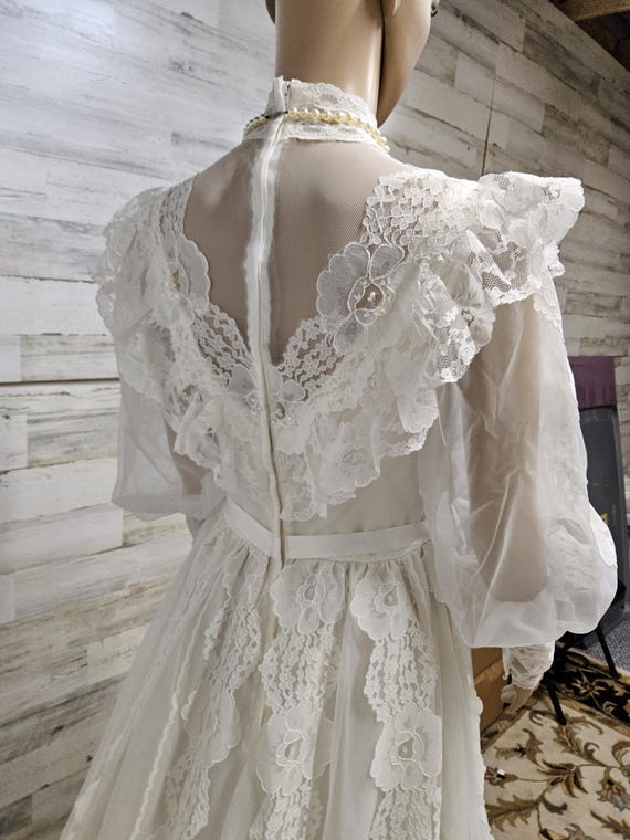 1960s Edwardian Lace Wedding Dress, High Collar Ruffl… - Gem