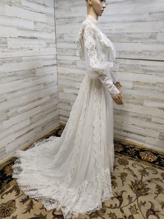 1960s Edwardian Lace Wedding Dress, High Collar Ruffl… - Gem