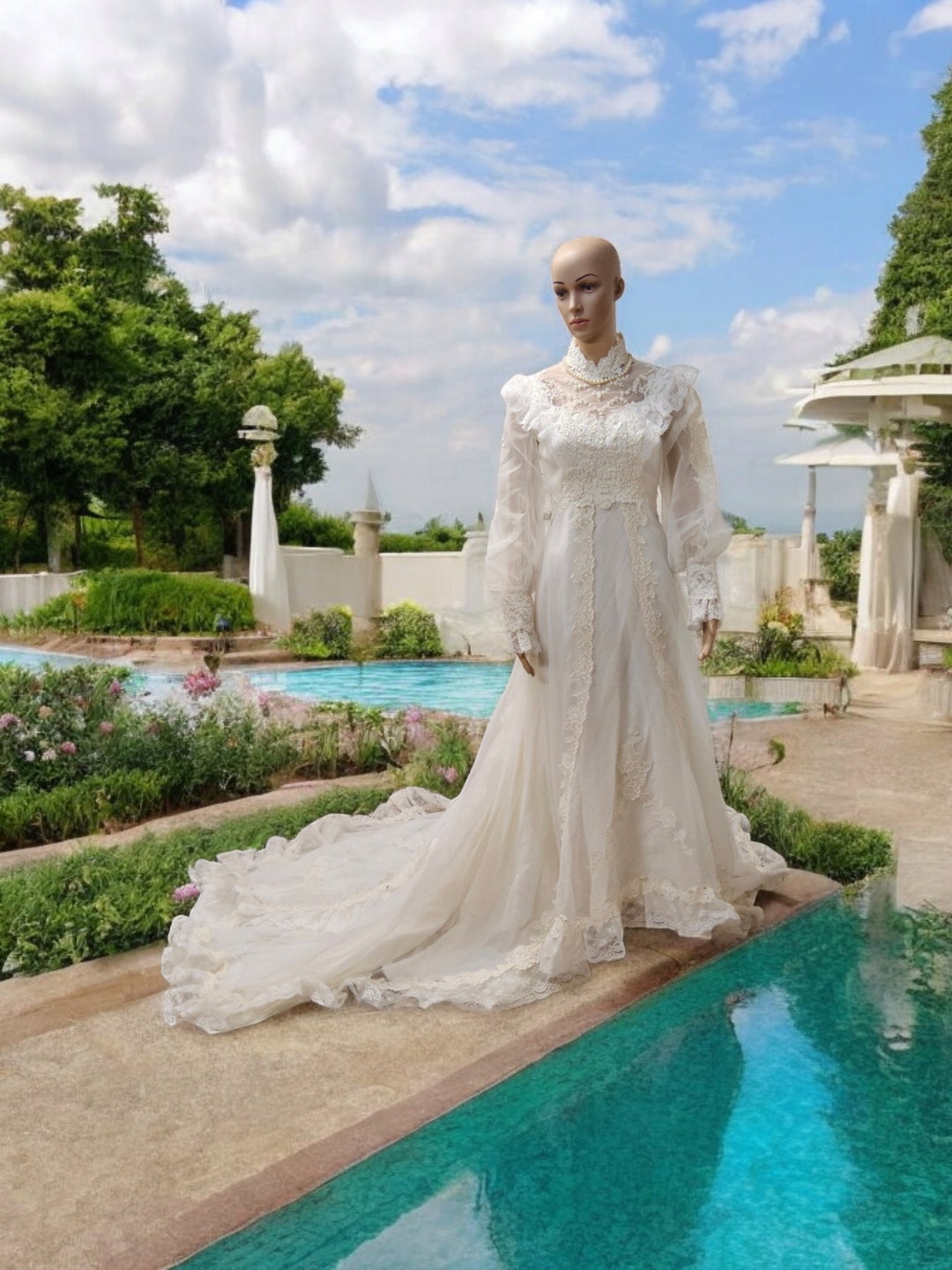 Vintage 70's Edwardian High Collar Lace White Vintage Lacy Wedding Gown ...