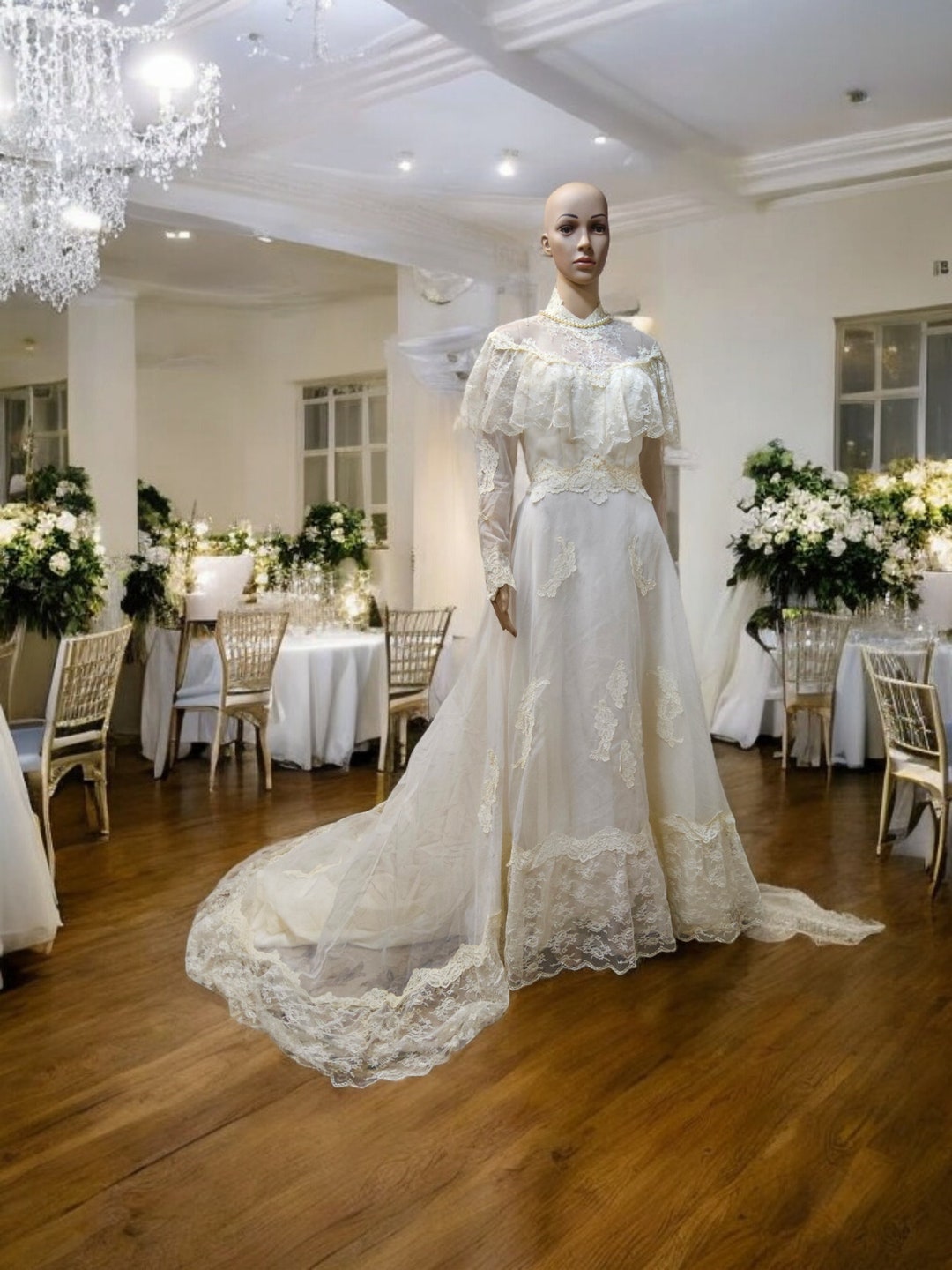 Vintage 70's Edwardian High Collar and Caped Shoulder Ivory Laced ...