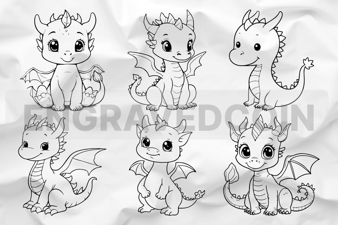 Set of Cute Baby Dragon Svg & PNG Files, Fantasy Dragon Outline Clipart ...