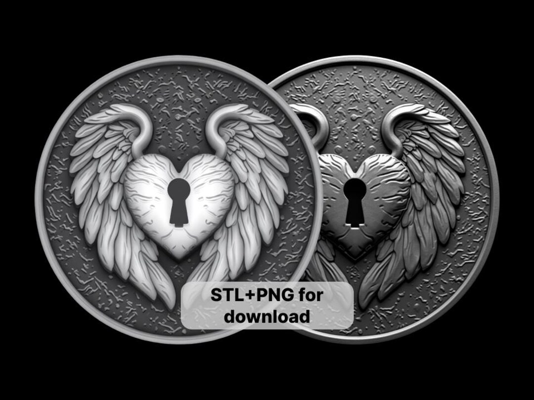 3d Coin Design With Locked Heart, Wings, Valentines, STL+PNG 3D ...
