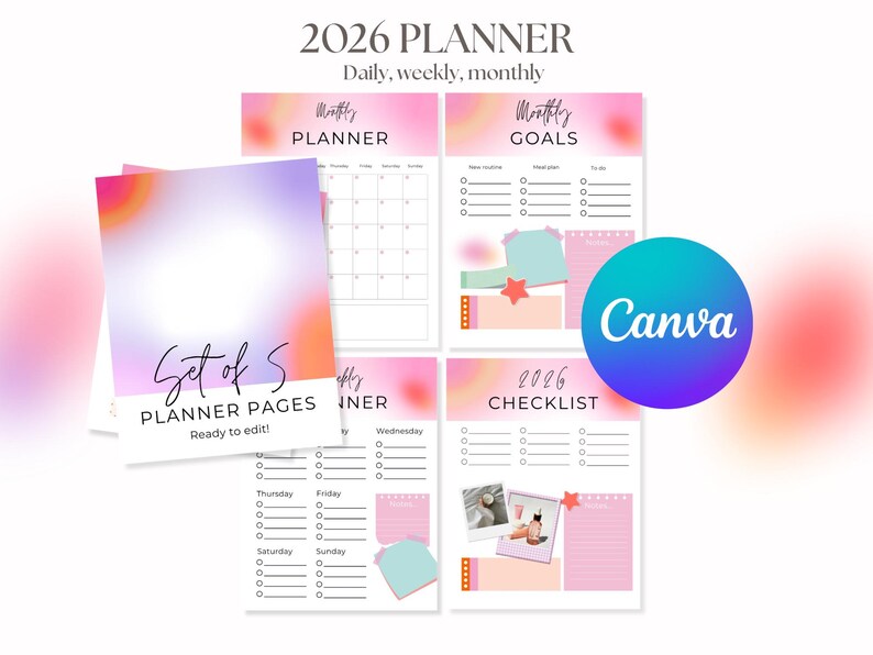 2026 Planner Pages, Daily, Weekly, Monthly, Goals, Stickers (canva ...