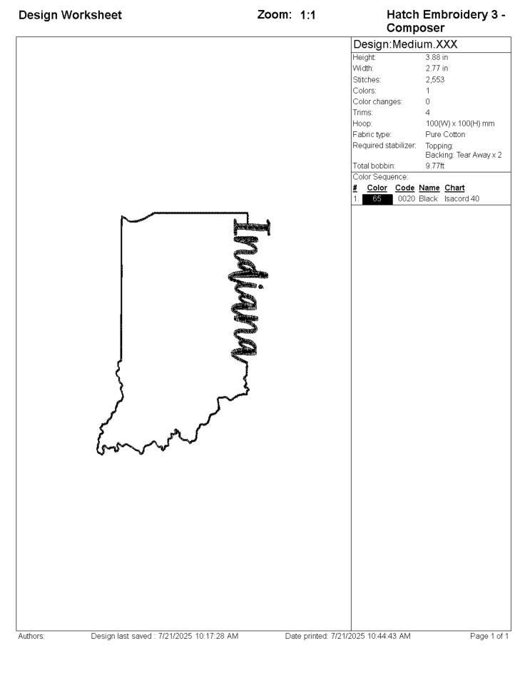 State Name | Indiana Outline| Machine Embroidery File Download | Script ...