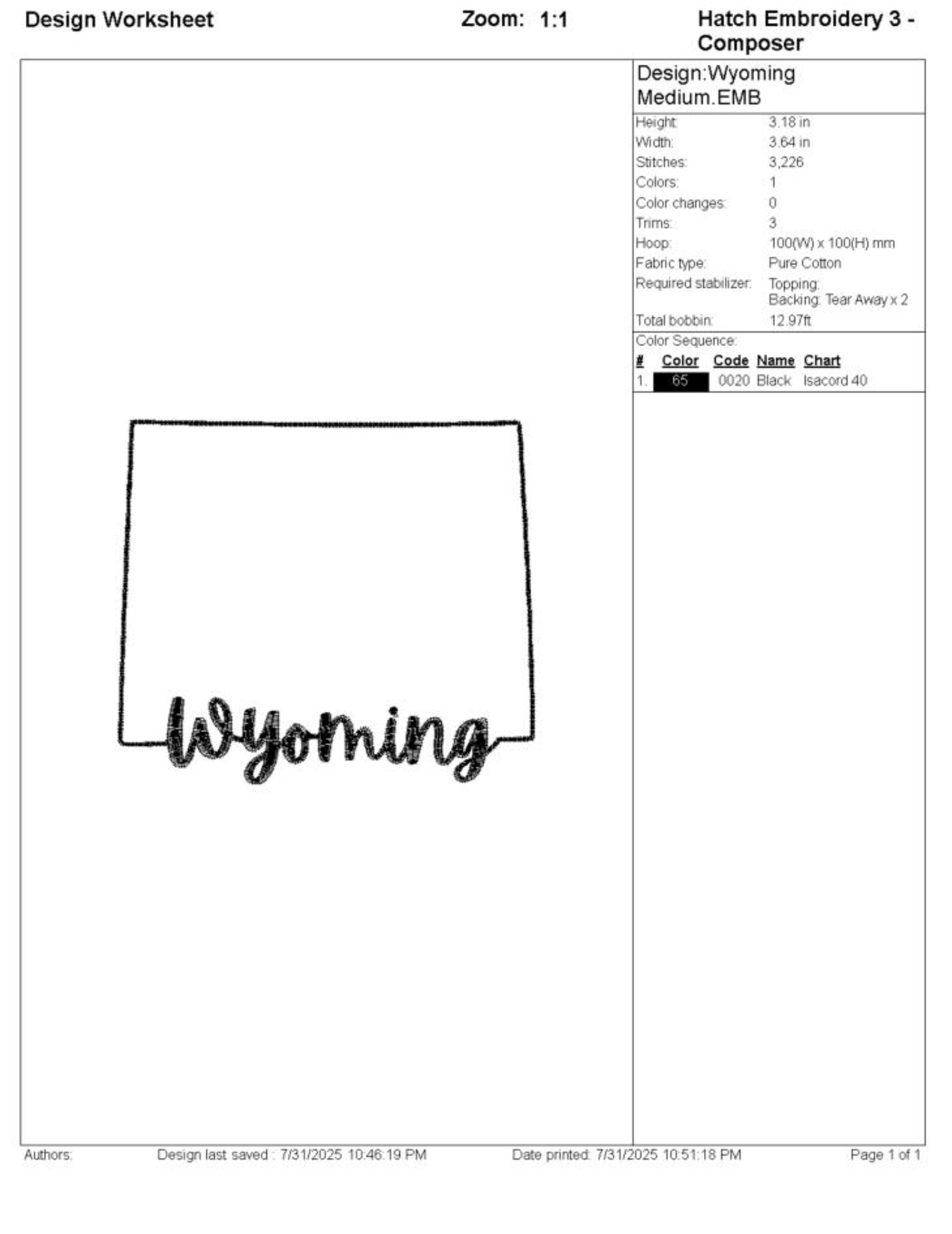 State Name | Wyoming Outline| Machine Embroidery File Download | Script ...