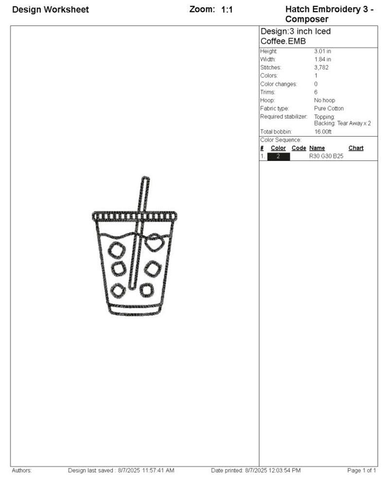 Iced Coffee Outline | Machine Embroidery File Download - Etsy