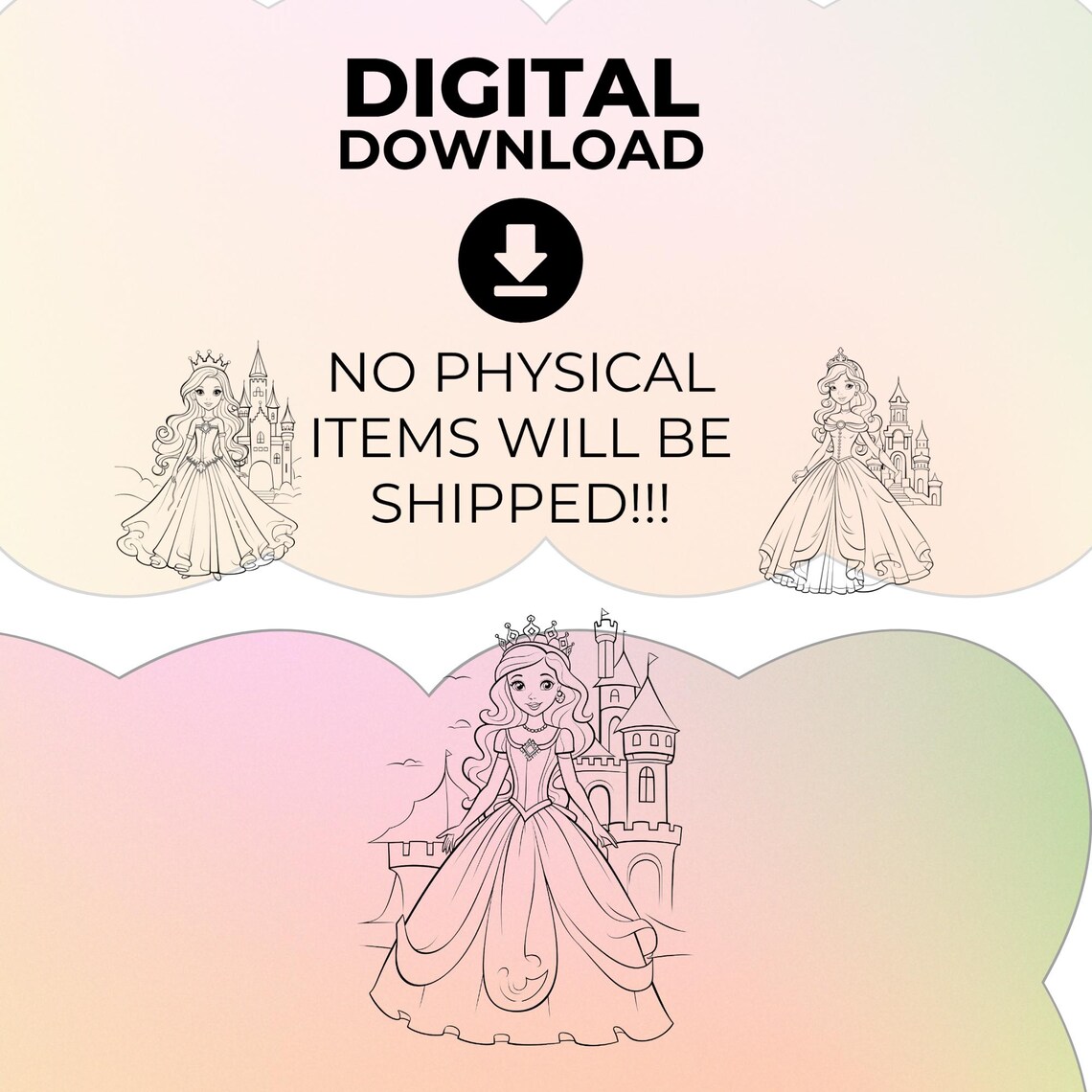 Princess Coloring Pages 6 Digital Pages for Kids Printable Activity for ...