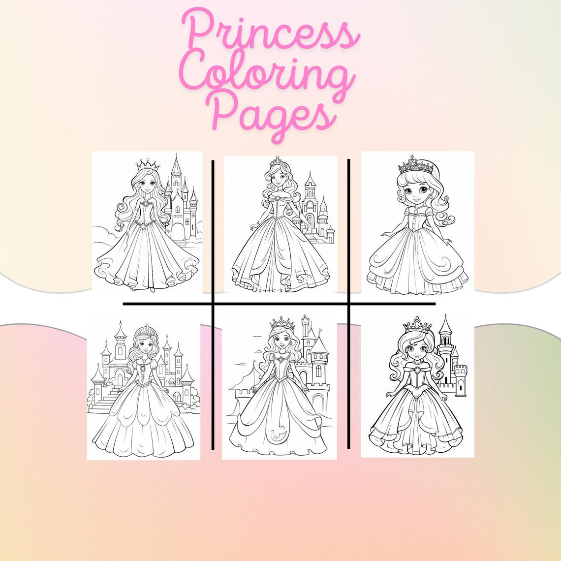 Princess Coloring Pages 6 Digital Pages for Kids Printable Activity for ...