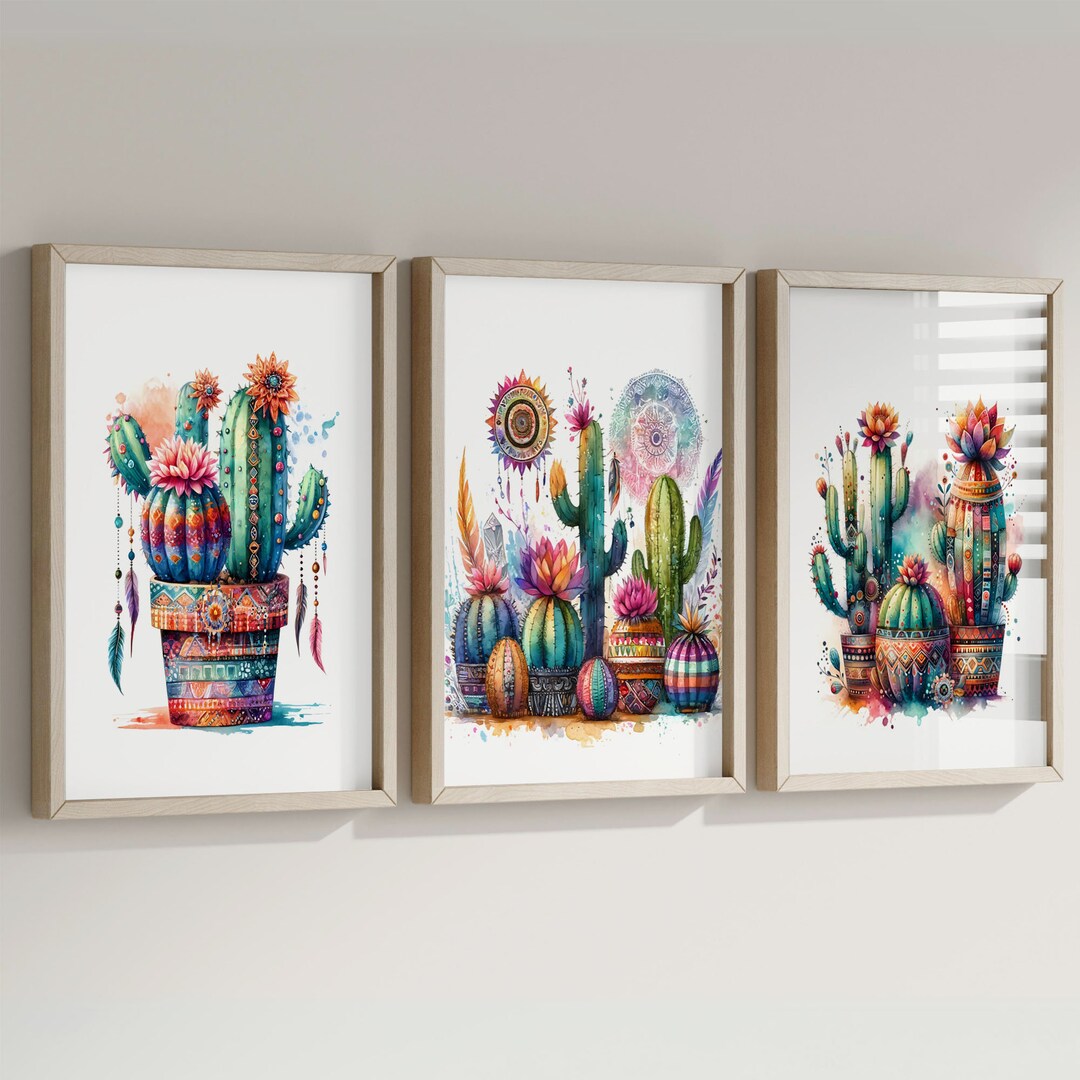 Bohemian Cactus Set of 3 Art Print, Digital Download, Colorful ...