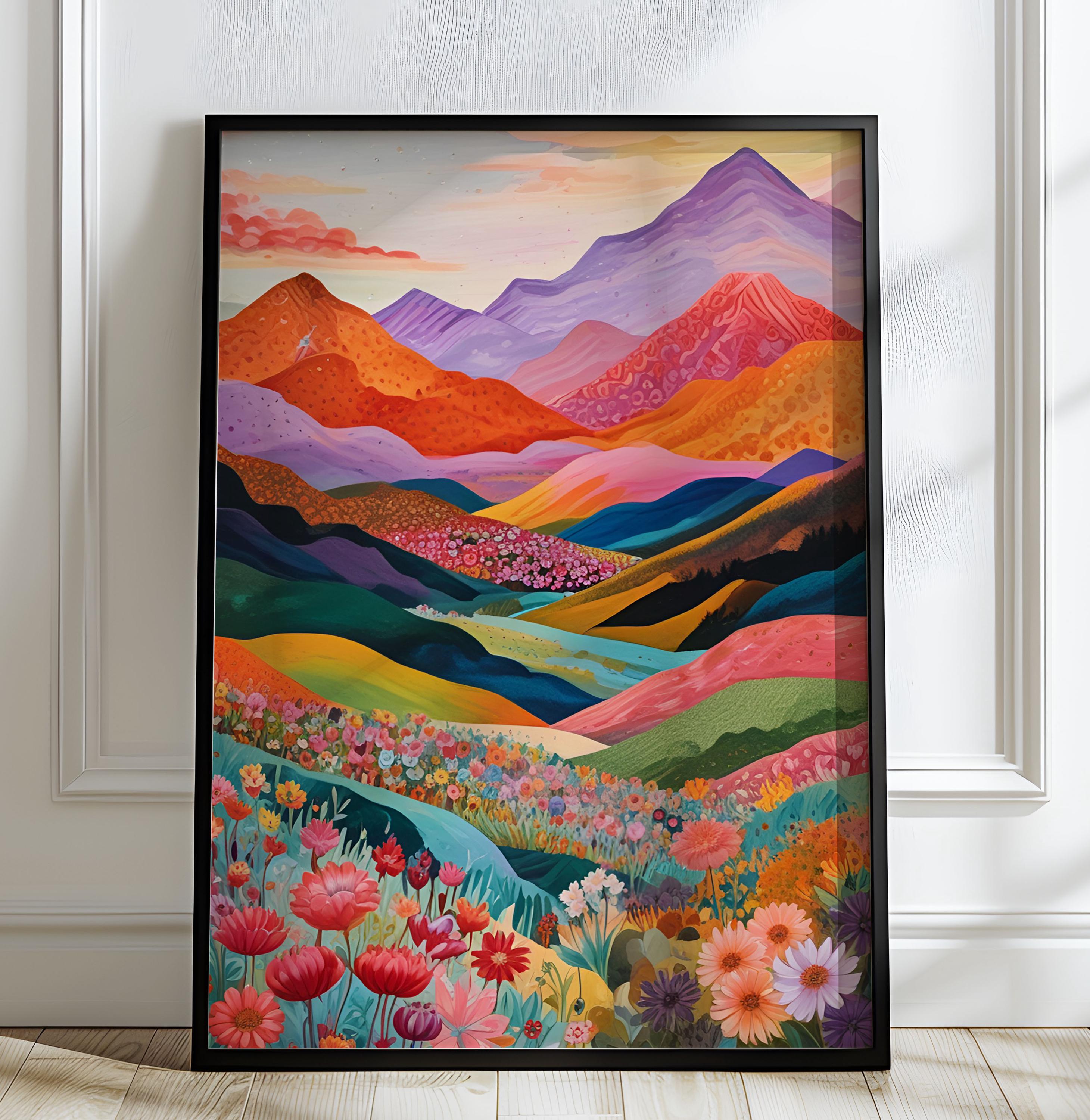 Colorful Mountain Landscape Digital Download, Vibrant Floral Valley ...