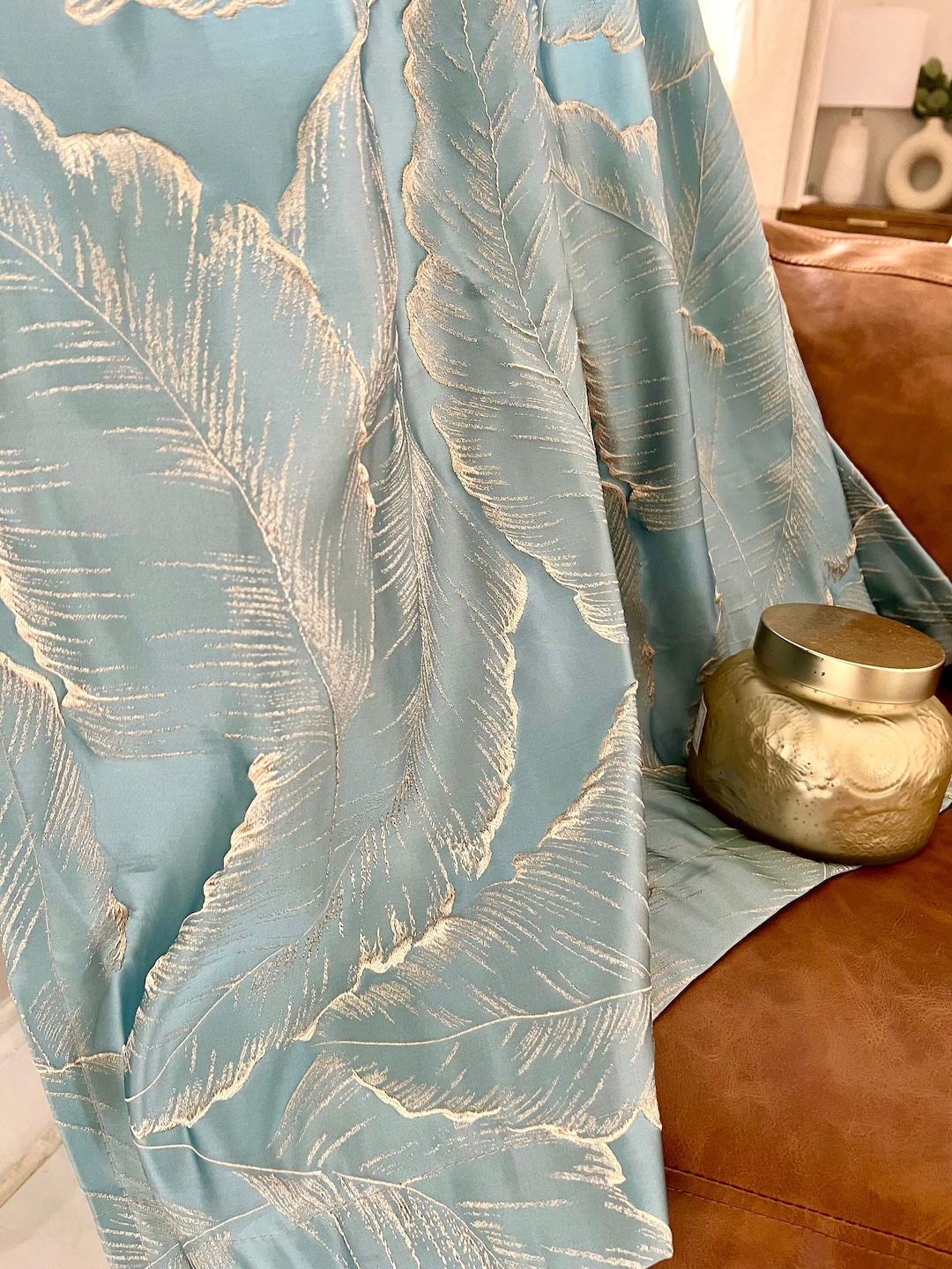 Modern Luxury Blue Green Jacquard Boho Leaves Curtains for Living Room ...