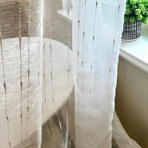 Sheer White Linen Tulle, Stripe Embroidered Curtains for Kitchen or ...