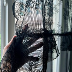 French Vintage Lace Black Floral Sheer Ruffle Tulle, Romantic Gothic ...