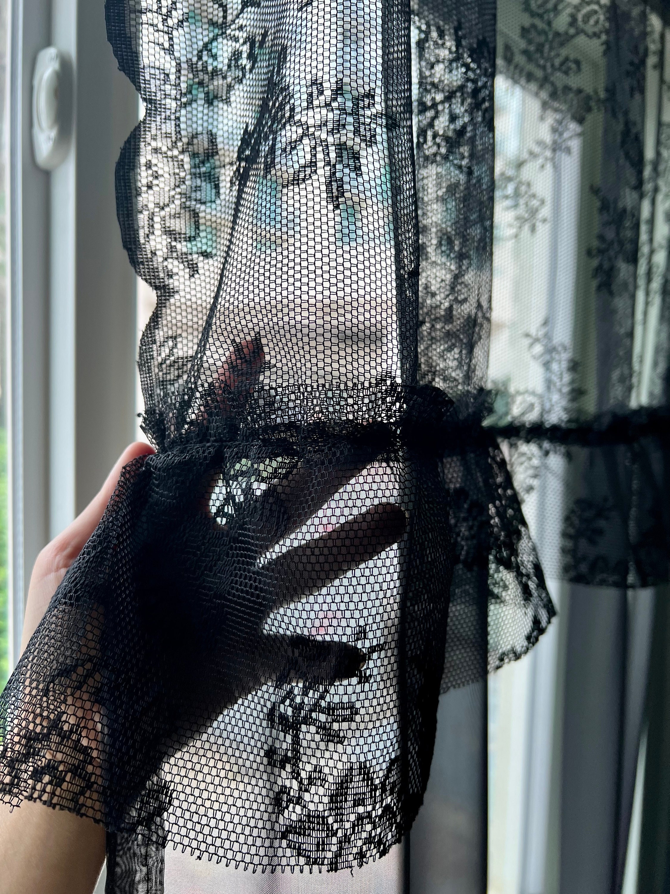 French Vintage Lace Black Floral Sheer Ruffle Tulle, Romantic Gothic ...