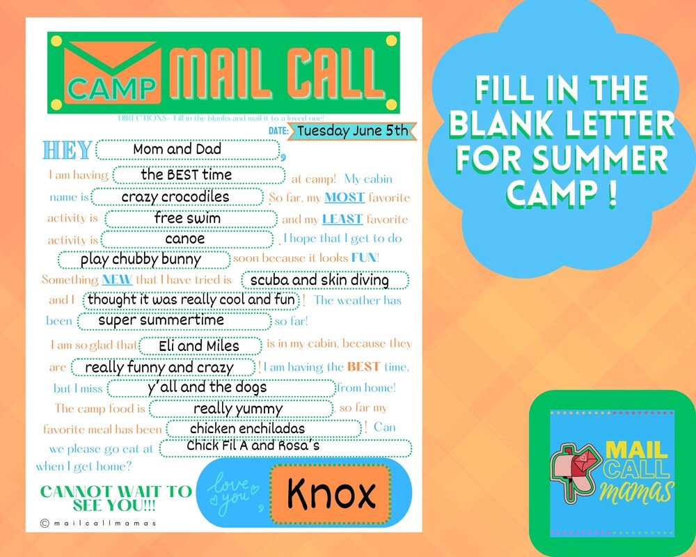 Fill in the Blank Template Boy Summer Camp Digital Download Letter All ...