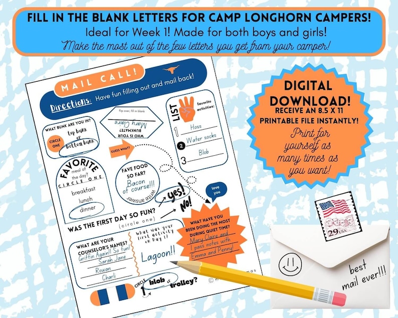 Summer Camp Mail Letter Template Printable Camp Longhorn Week 1 - Etsy