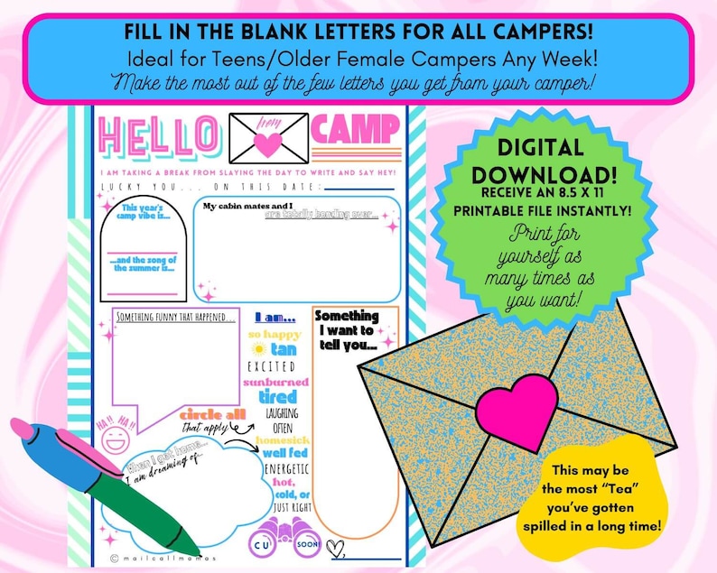 Summer Camp Letter Fill in the Blank Great for Pre-teens/teen Girls ...